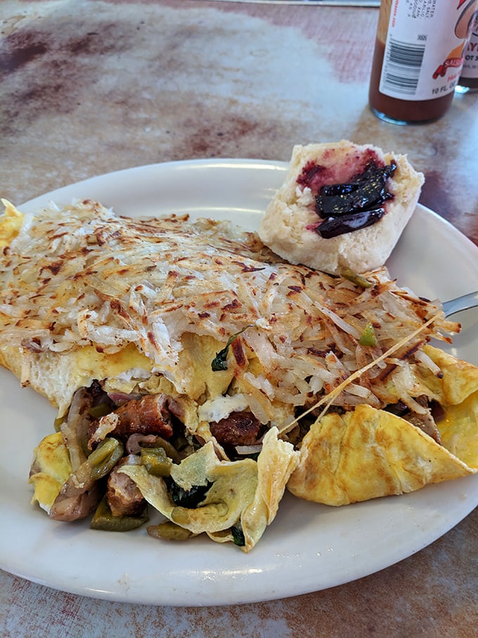 This isn't just breakfast&mdash;it's an edible jigsaw puzzle of eggs, hash browns, and fillings that demands both strategy and appetite.