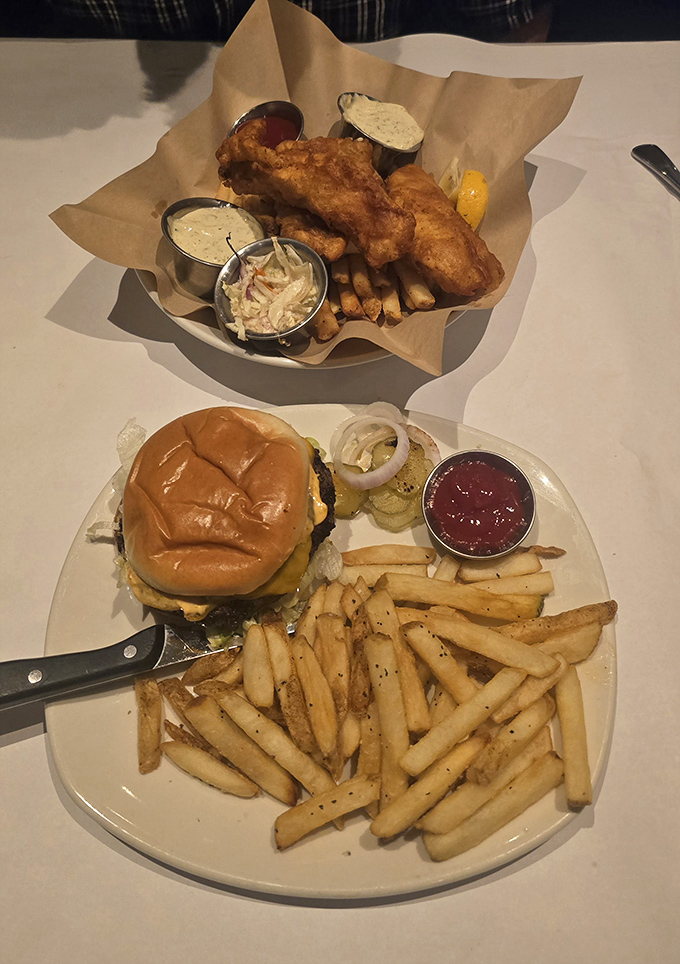 The ultimate dinner dilemma: a perfectly grilled burger below or that basket of crispy fish and chips above? Plot twist: order both.