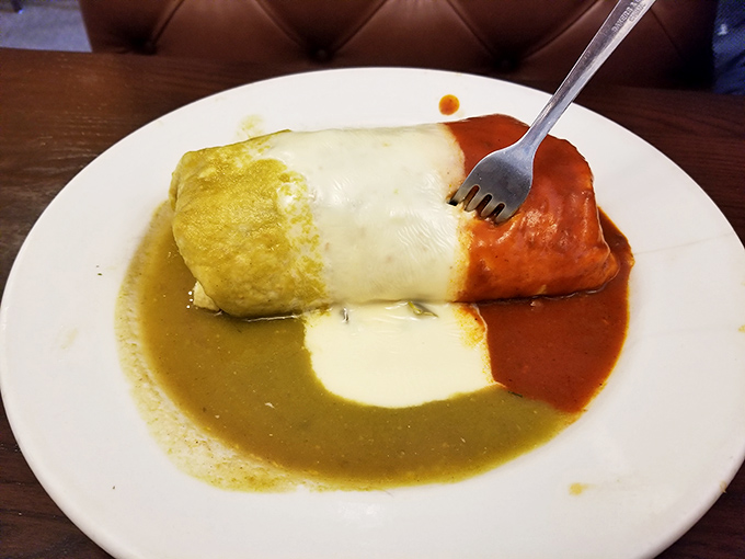 The "burrito bandera" showcases Mexico's flag colors through its sauces. It's like patriotism you can eat, with each distinct flavor telling its own delicious story.