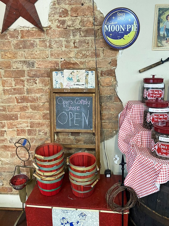 Even the "Open" sign feels like it belongs in a simpler time. That Moon Pie sign? It's basically the North Star for sweet-toothed pilgrims.