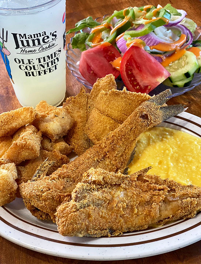 Southern-fried catfish with a cornmeal crust that crackles like vinyl records. Paired with a garden salad that technically makes this a balanced meal.