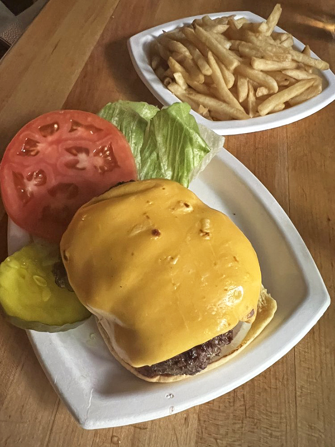 The holy trinity of lunch: a perfectly melted cheeseburger, crisp fries, and the promise of napkins you'll definitely need.