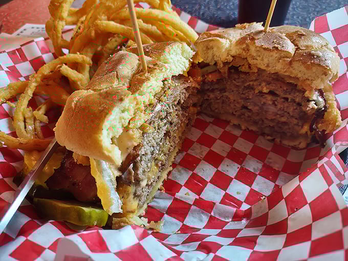 The mark of a proper diner burger: you need to strategize your approach before that first magnificent bite. Those onion rings aren't playing supporting roles&mdash;they're co-stars.