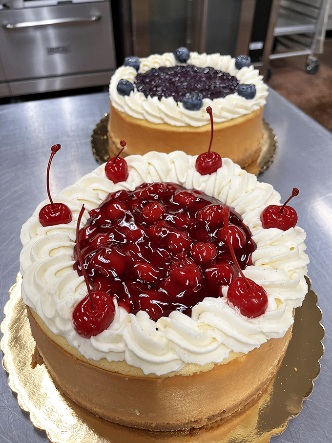 Cherry or blueberry? The Sophie's Choice of cheesecakes features picture-perfect piping and fruit toppings that look almost too good to eat. Almost.