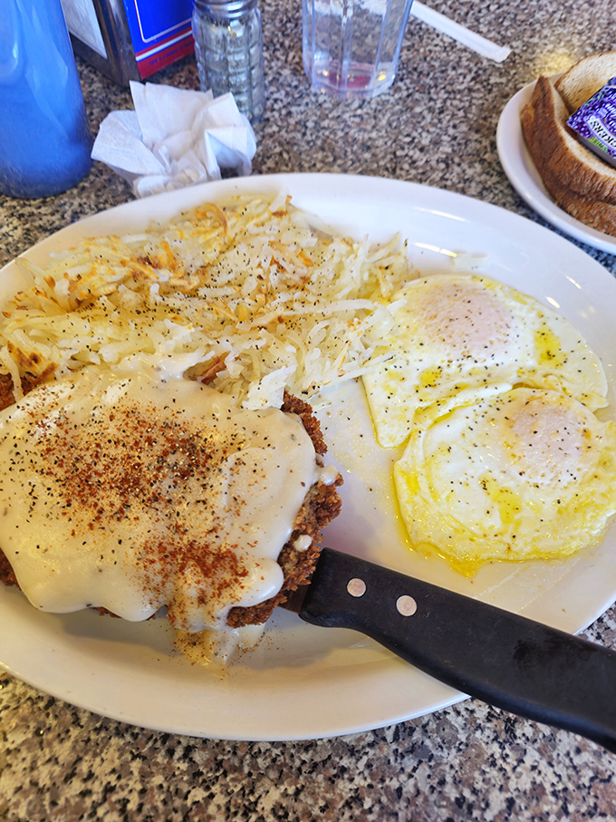The star of the show in all its glory&mdash;chicken fried steak with a perfectly crisp exterior giving way to tender meat, all blanketed in gravy that could make a vegetarian reconsider.
