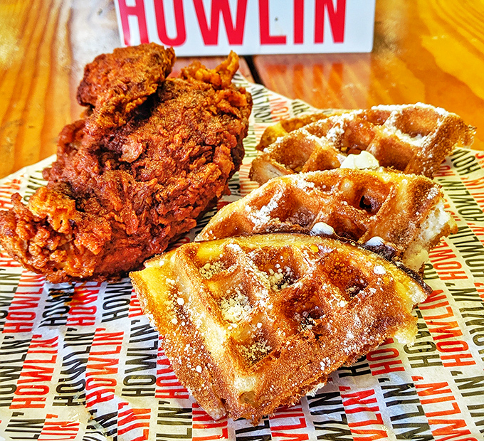 Sweet meets heat in this classic chicken and waffles combo. The perfect marriage of breakfast and dinner elopes to flavor town.