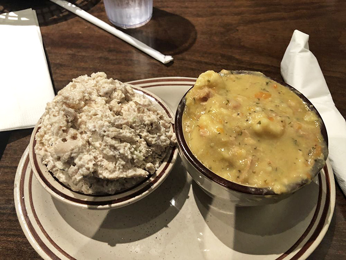 Chicken pot pie and potato salad&mdash;the dynamic duo of comfort food. This isn't trendy fusion cuisine; it's the kind of honest cooking that never goes out of style.