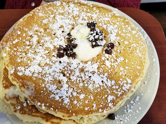 Chocolate chip pancakes that make adults forget their dignified breakfast intentions and dive in with childlike abandon.