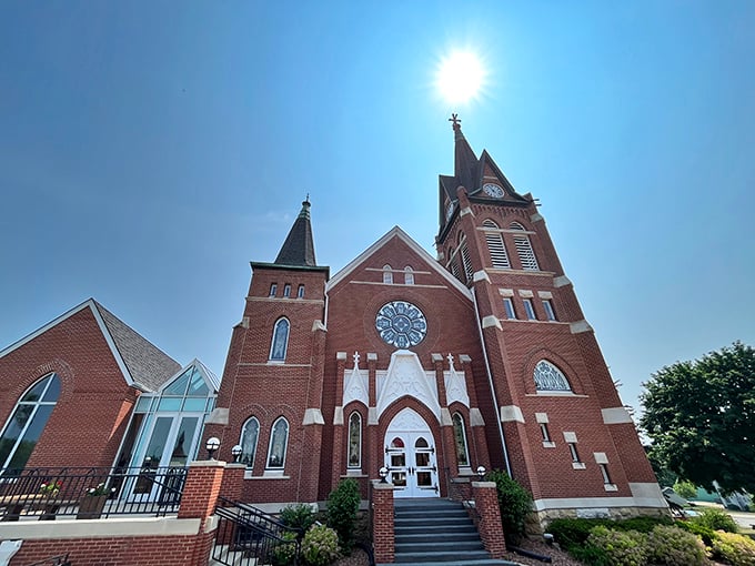 The magnificent Swiss United Church of Christ reaches skyward, its brick facade and soaring steeple a testament to the faith of early settlers.