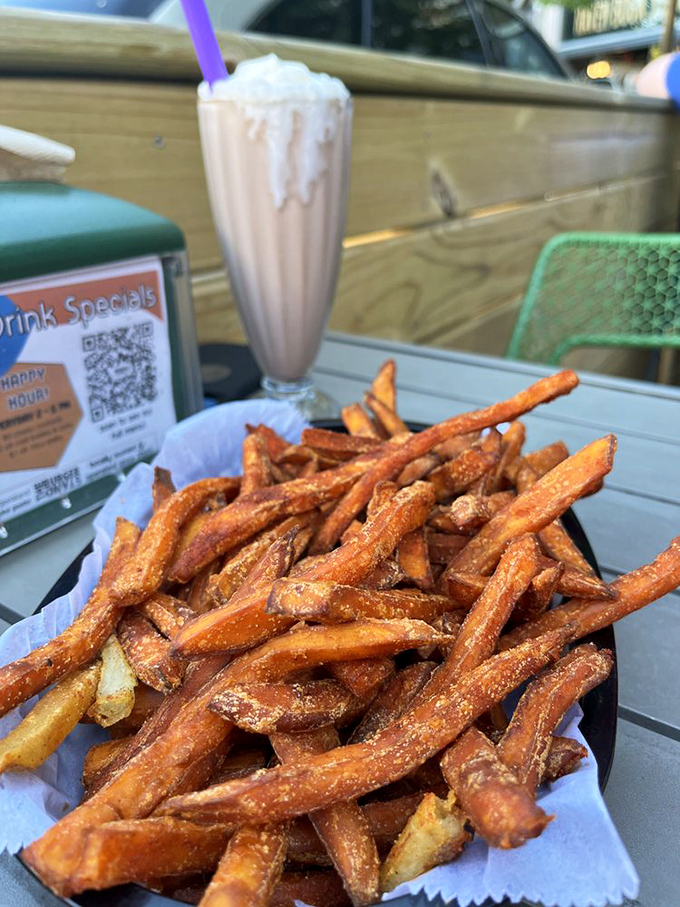 Sweet potato fries and a milkshake: the combination that makes you question why you ever bothered with "responsible eating" in the first place.