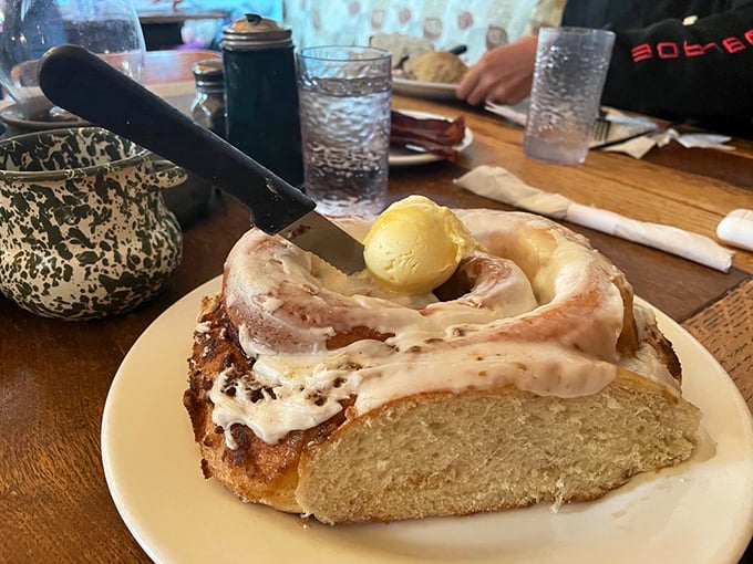 Not so much a cinnamon roll as a cinnamon continent &ndash; this sweet spiral of dough and frosting requires a topographical map to navigate properly.