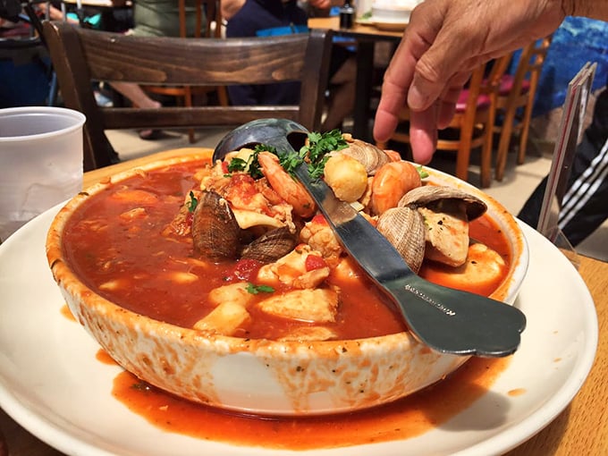 The legendary cioppino arrives like an aquatic family reunion in a bowl&mdash;where shellfish, fish chunks, and a tomato broth have gathered for one last glorious party.