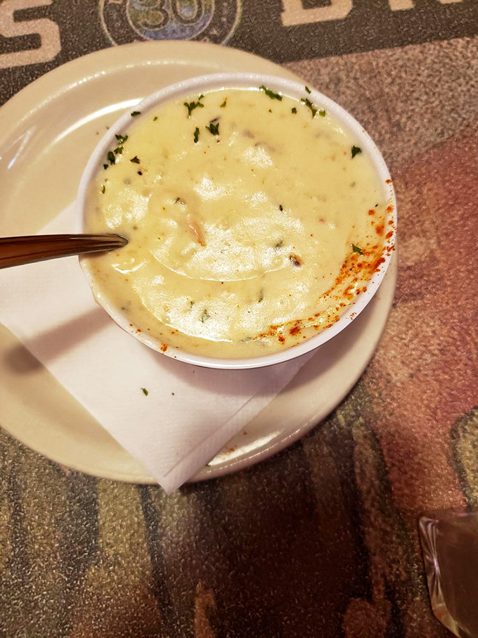 Clam chowder so creamy and rich it could make a New Englander weep with joy. The paprika sprinkle adds both color and a hint of smoky intrigue.