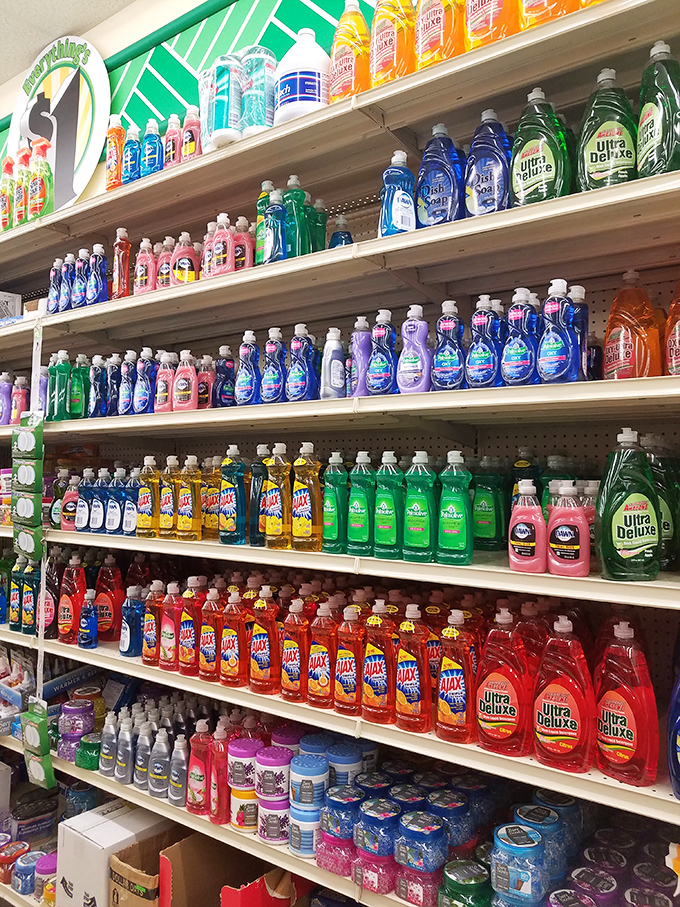 The cleaning aisle: where bottles of Ajax, Dawn and Ultra Deluxe stand like colorful sentinels against household chaos. A rainbow of solutions for life's messiest moments.