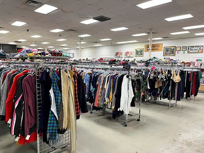 The clothing section: where your next favorite outfit is hiding between someone else's fashion regrets and forgotten impulse buys.