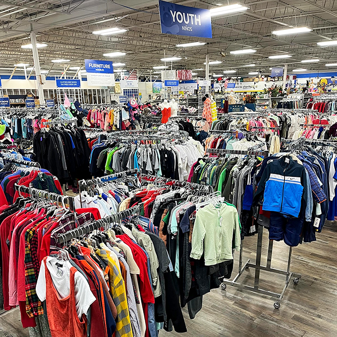 The youth section proves kids' clothes don't need to cost a fortune. Color-coordinated racks make finding that growth-spurt emergency outfit surprisingly painless.