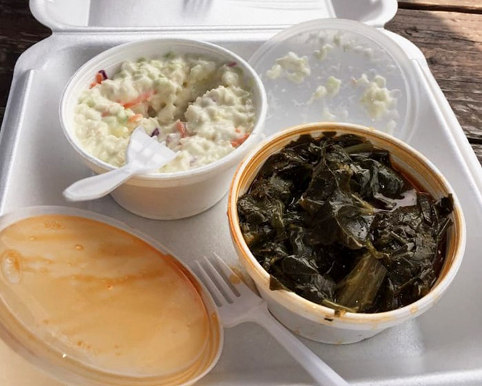 The supporting cast deserves applause too&mdash;creamy coleslaw and collard greens that have clearly been simmering with purpose and conviction.