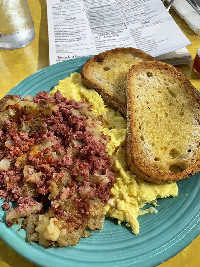 This isn't just corned beef hash&mdash;it's a savory symphony where crispy potatoes and tender corned beef perform a breakfast ballet on your plate.