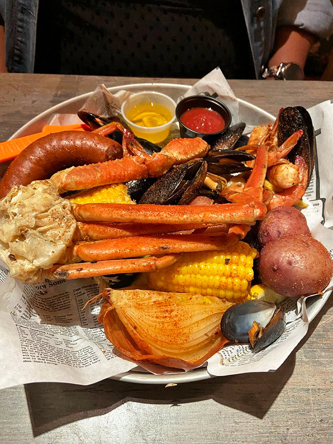 The seafood boil that launched a thousand bibs. Crab legs, shrimp, corn, potatoes, and sausage &ndash; a glorious mess worth making.