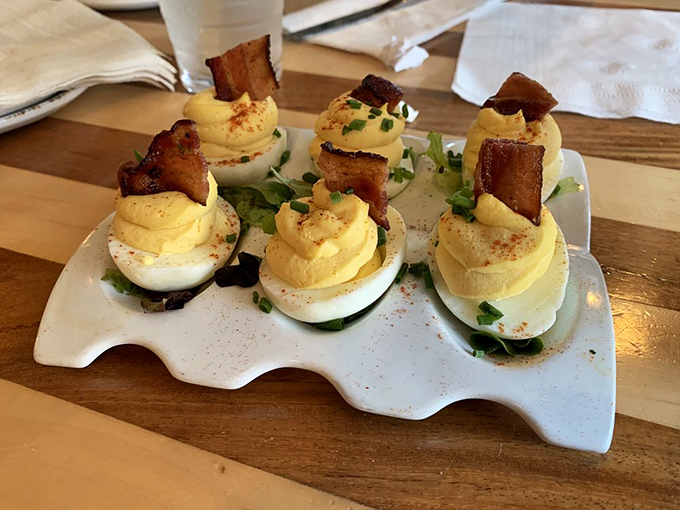 Church Lady Deviled Eggs that would win blue ribbons at any county fair. That bacon garnish isn't just decoration&mdash;it's a flavor exclamation point!