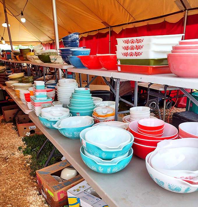 The Pyrex rainbow that launched a thousand bidding wars. These colorful bowls have witnessed more family recipes than a church cookbook committee.