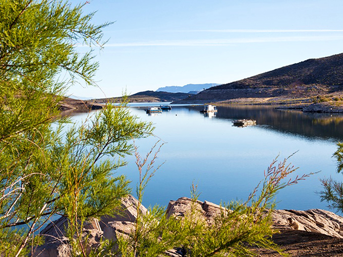 Elephant Butte Lake shimmers like a mirage in the desert, its glassy surface reflecting New Mexico's famously dramatic skies.