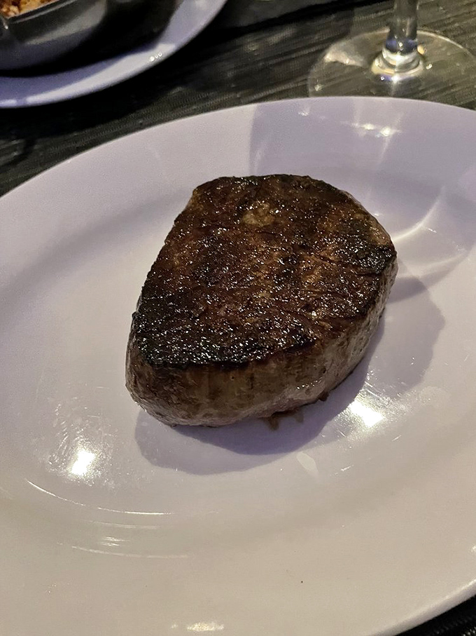 Behold the filet mignon in its natural habitat: perfectly seared, gloriously alone, commanding the entire plate like it owns the place.