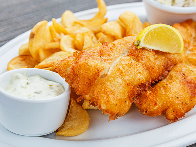 Golden-battered fish with perfectly crisp fries&mdash;the platonic ideal of fish and chips that would make a British pub-goer weep with joy.