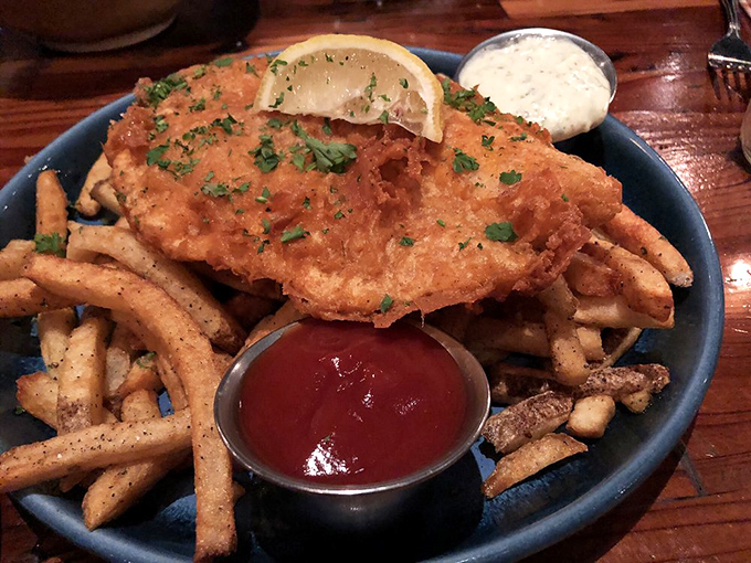 The legendary fish and chips &ndash; golden, crispy exterior giving way to flaky white fish. Desert dwellers shouldn't have seafood this good!