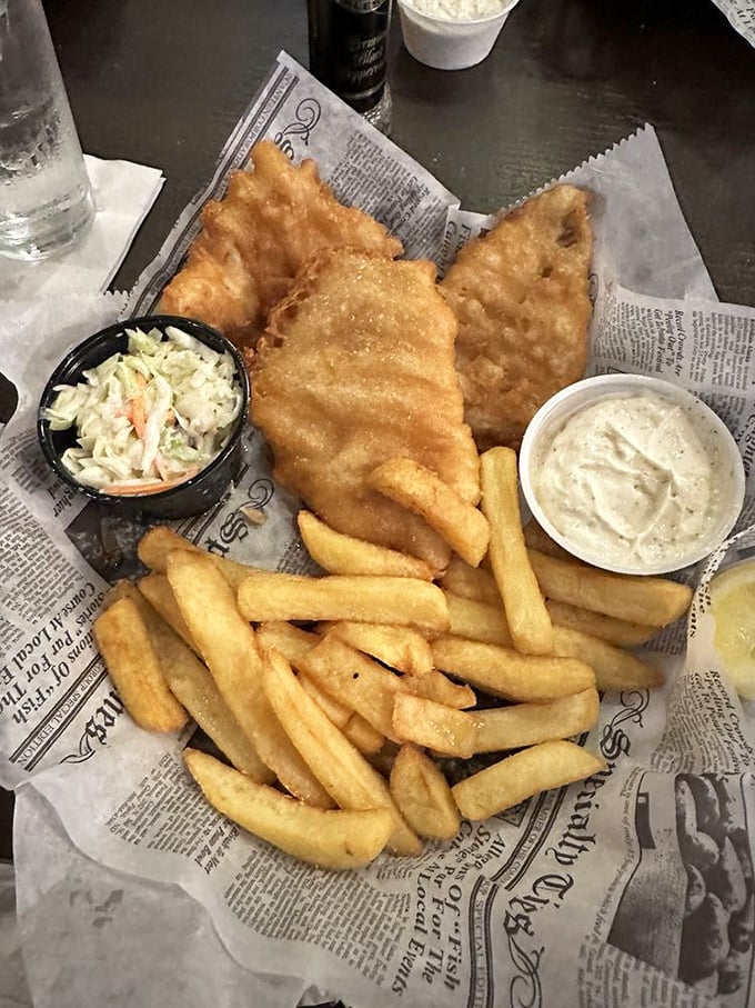 The holy grail of pub food: proper fish and chips. Flaky white fish in golden batter alongside chunky chips, with coleslaw standing in for mushy peas.