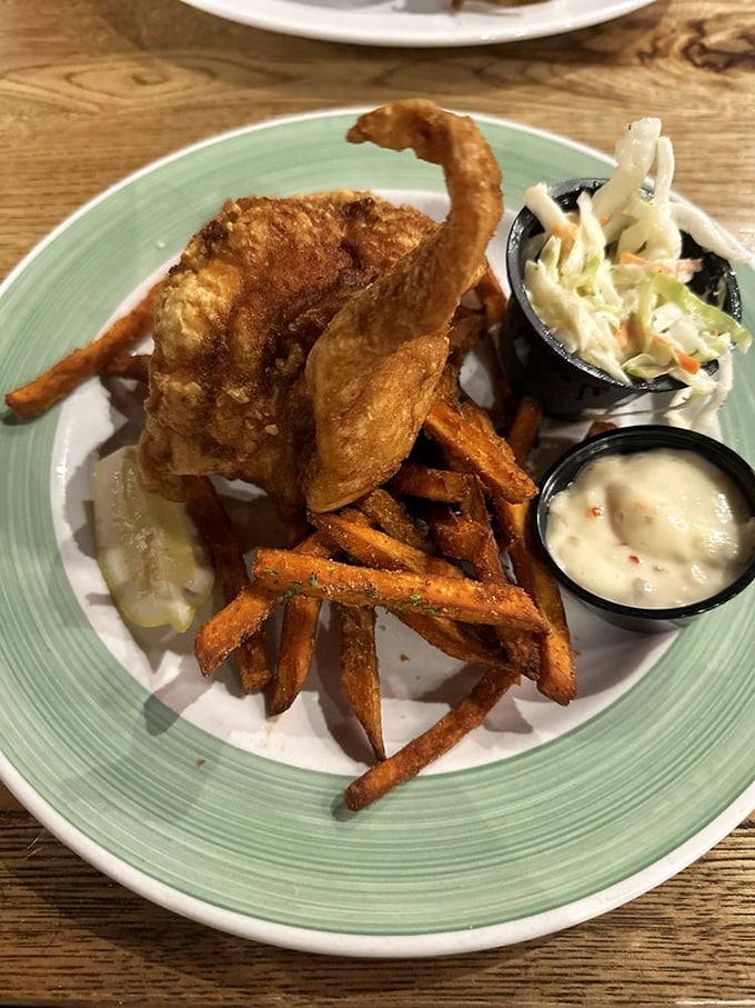 A twist on tradition: crispy fish meets sweet potato fries. It's like when your favorite band releases an acoustic version that somehow rivals the original.