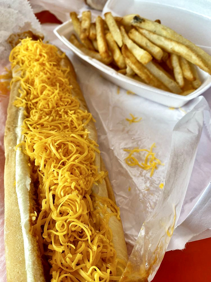 Cincinnati's answer to the question "What is happiness?" A foot-long smothered in chili and blanketed with cheese that doesn't apologize for being exactly what it is.