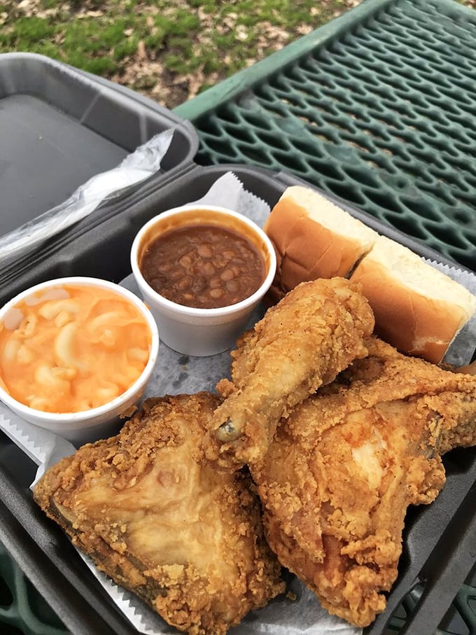 Crispy fried chicken, cheesy macaroni, baked beans, and soft rolls provide you with a hearty picnic meal to enjoy outdoors.