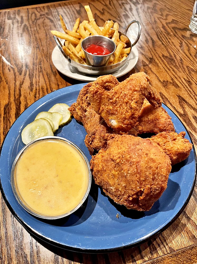 The perfect blue plate special &ndash; crispy fried chicken with that honey-mustard sauce that might just make you lick the plate when nobody's looking.
