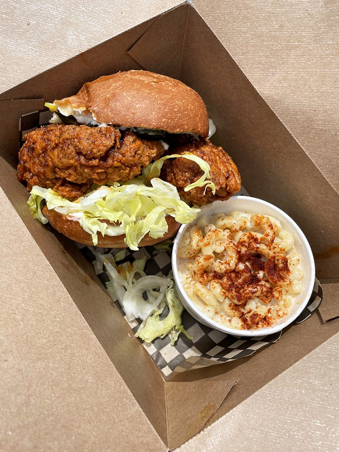 The perfect sandwich doesn't exi&mdash; Wait, it does! Crispy chicken, cool lettuce, and creamy mac and cheese create the ultimate comfort combo.