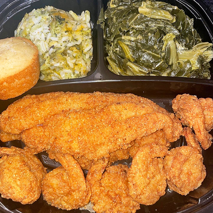 Golden-fried perfection that makes you question every other fried seafood you've ever eaten. Those collards have stories to tell, and that cornbread is begging for attention.