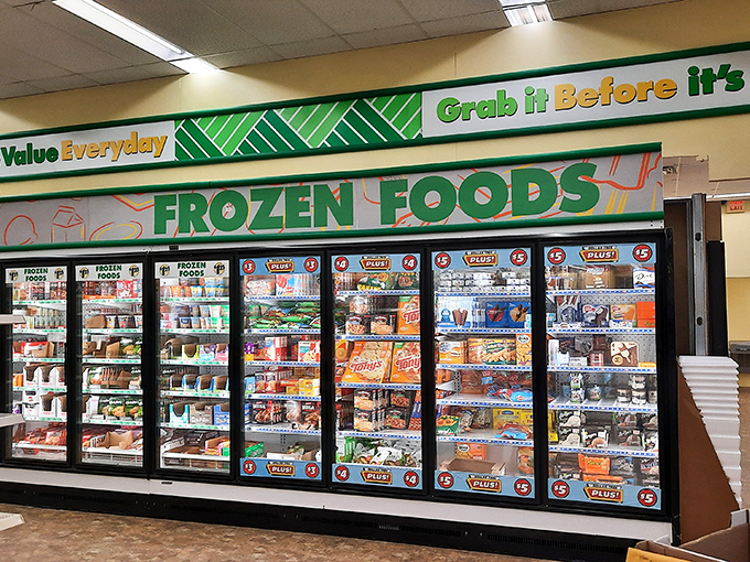 The frozen food section: proof that you can stock an entire dorm room freezer without triggering that dreaded call home for money.