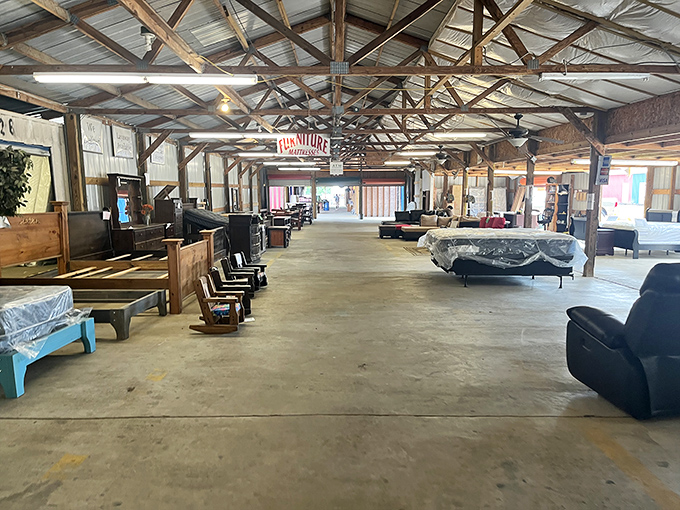 Furniture heaven under rustic beams. That sofa might be exactly what your living room has been missing all these years.
