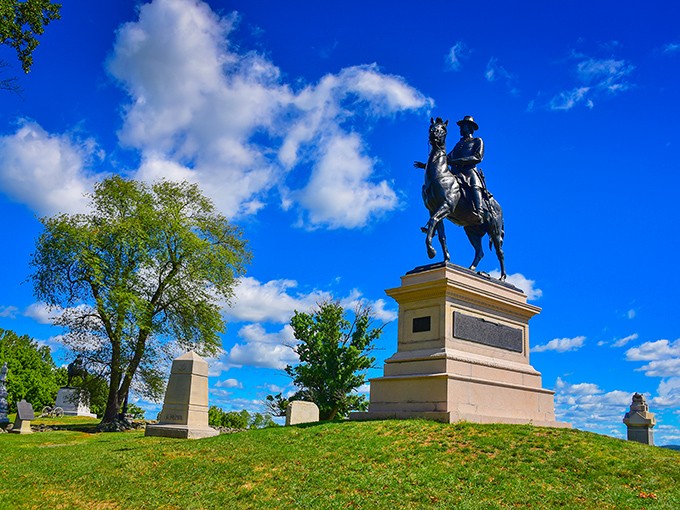 This isn't just any statue&mdash;it's history on horseback. General Hancock surveys the battlefield where crucial decisions shaped a nation.