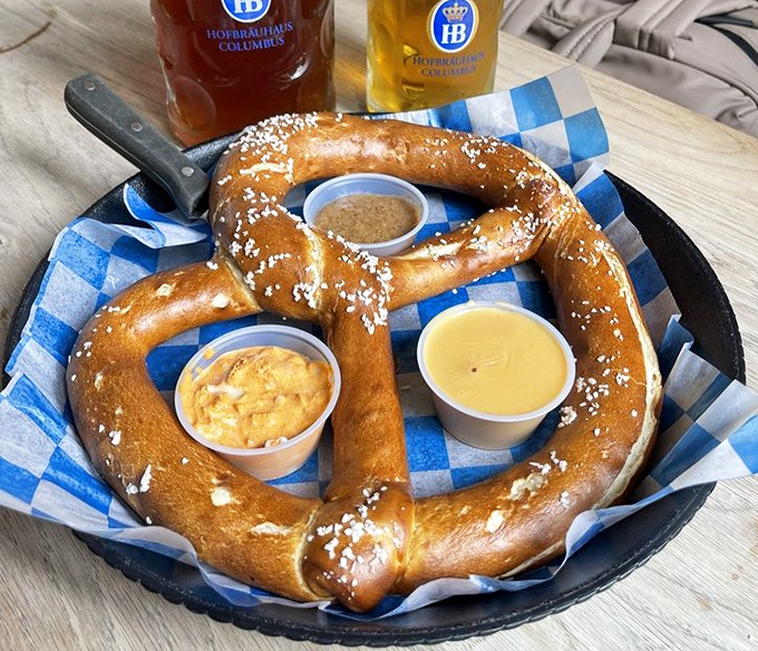 This isn't just a pretzel&mdash;it's architectural carbohydrate magnificence. Golden-brown, salt-flecked perfection demanding to be torn and shared among friends.