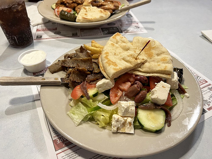 The Greek gods would approve of this feast&mdash;gyro meat, fresh vegetables, and pita bread creating a Mediterranean vacation on a plate in Scranton. 