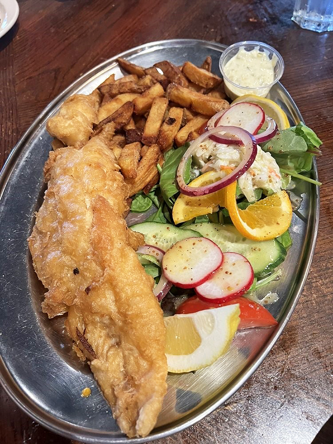 Fish and chips elevated with a colorful side salad. Britain meets Mediterranean in this beautiful oval platter of contrasting textures.