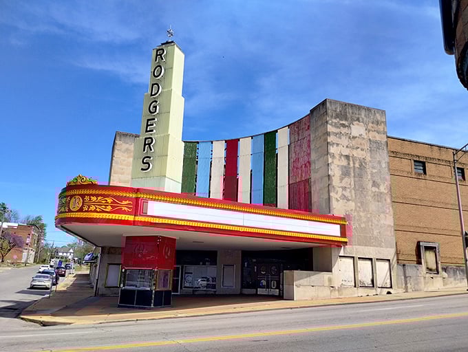 The historic Rodgers Theatre's vibrant marquee lights up downtown. Catching a show here costs less than a popcorn refill at those big-city multiplexes.