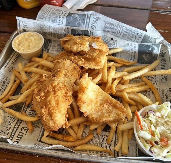Golden-battered fish nestled on a mountain of fries&mdash;this isn't just lunch, it's edible sunshine with a side of vacation vibes.