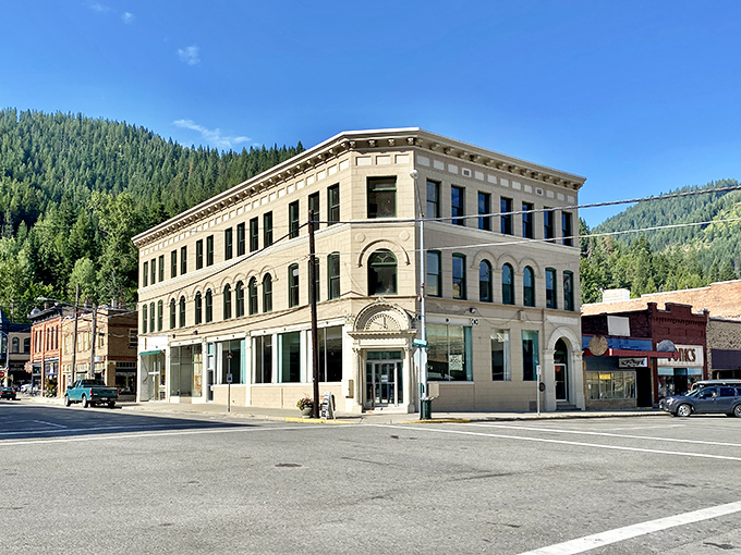 This elegant corner building has witnessed over a century of Wallace history, its limestone facade gleaming in the Idaho sunshine like a small-town palace.