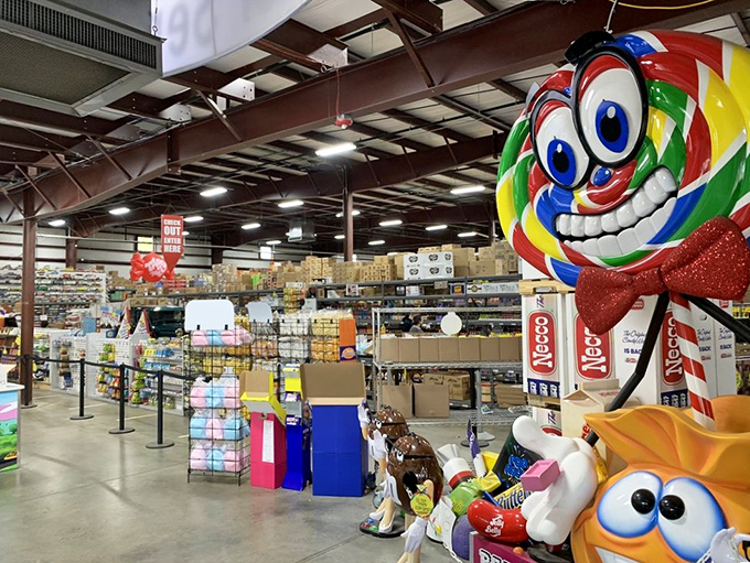 Not just a store&mdash;a candy cathedral. That giant lollipop mascot watches over his sugary kingdom with a permanent grin.