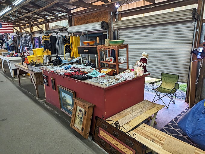 This vendor's carefully curated chaos might look random, but seasoned flea market shoppers know: the best finds often hide in plain sight among the everyday items.
