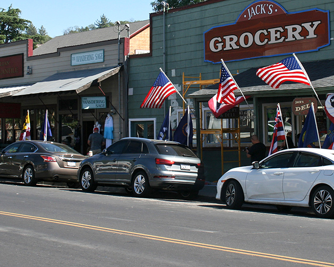 Jack's Grocery, with its proudly displayed American flags, embodies the patriotic spirit that runs deep in this mountain community.