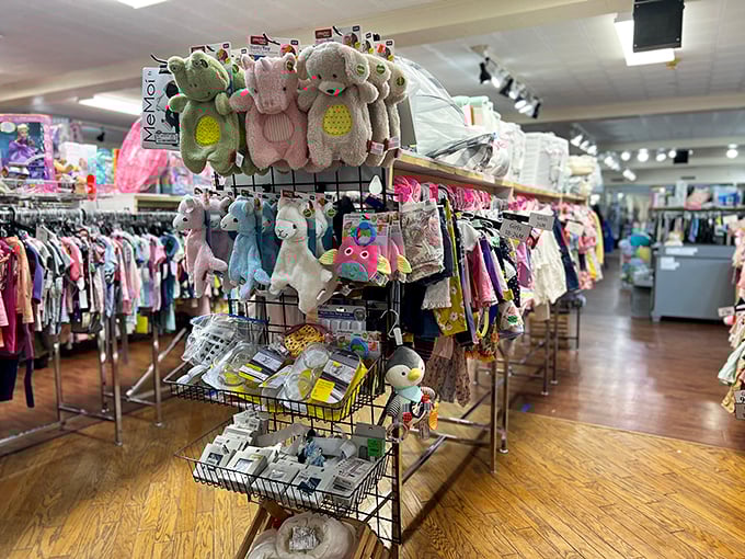 The children's section features adorable plush friends hanging out, silently promising parents some peaceful shopping moments while kids get distracted by potential new buddies.