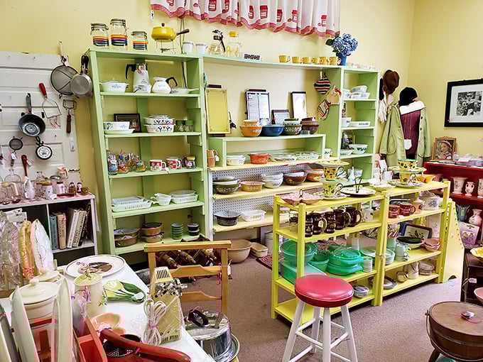 A kitchen nostalgia explosion! Those mint-green shelves showcase cookware from when recipes were passed down, not Googled.